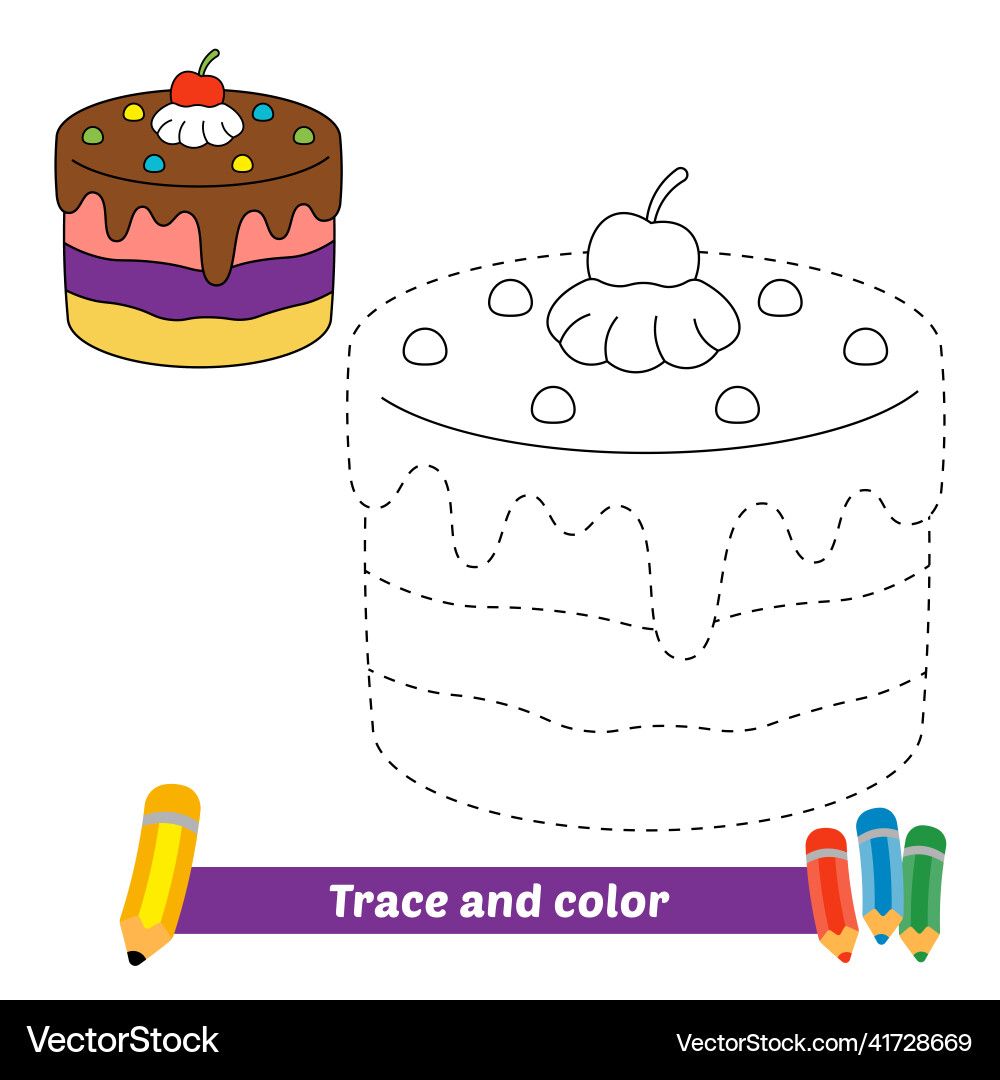 Kids Cake Trace and Color Activity Royalty Free Vector Image