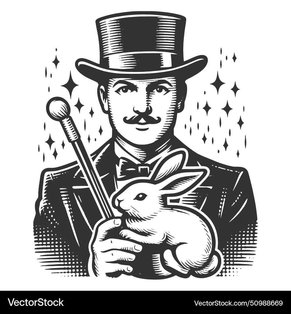 Vintage magician with rabbit engraving Royalty Free Vector