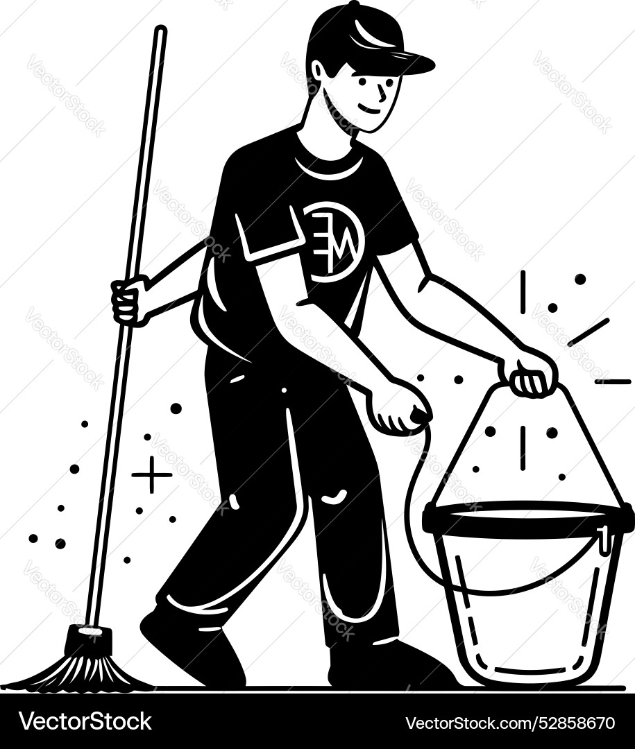 Sparkling solutions man with mop and bucket Vector Image Sparkling solutions man with mop and bucket Vector Image