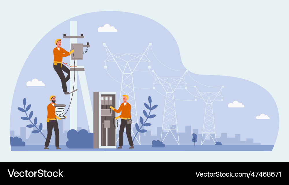 Electric workers team transformer service Vector Image
