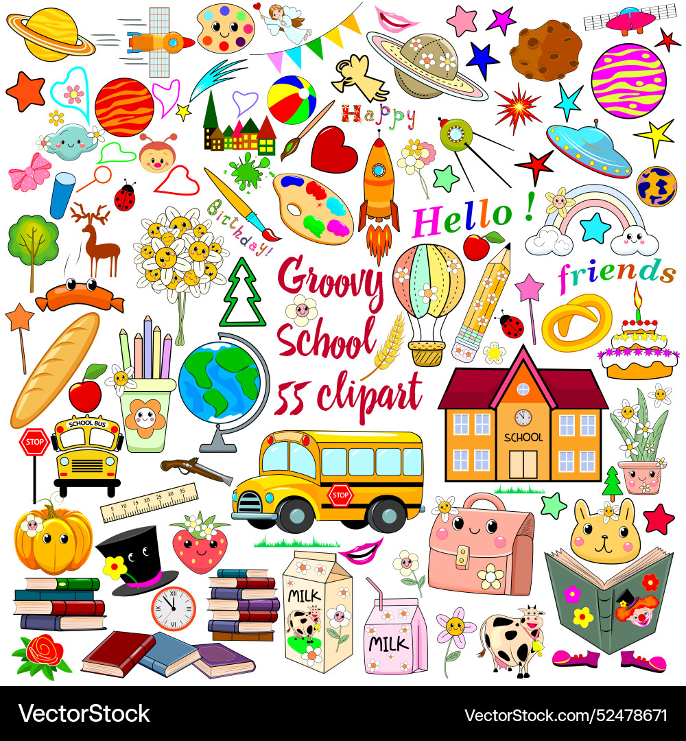 Groovy school doodles set Royalty Free Vector Image
