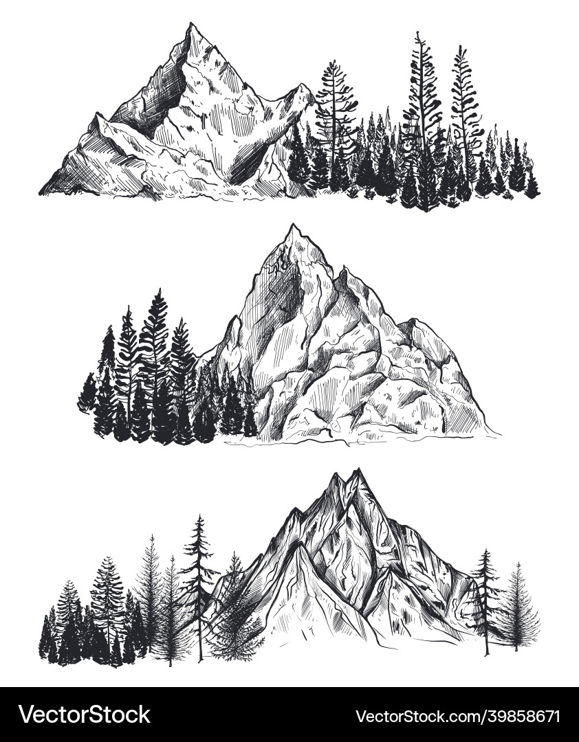 Set of hand drawn graphic mountain ranges Vector Image