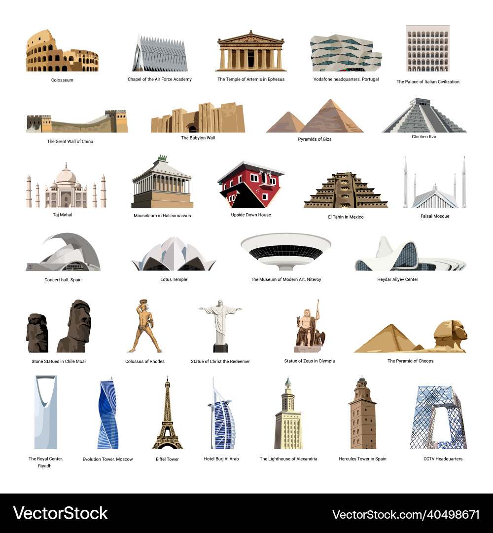 Set of wonders the world and landmarks Royalty Free Vector