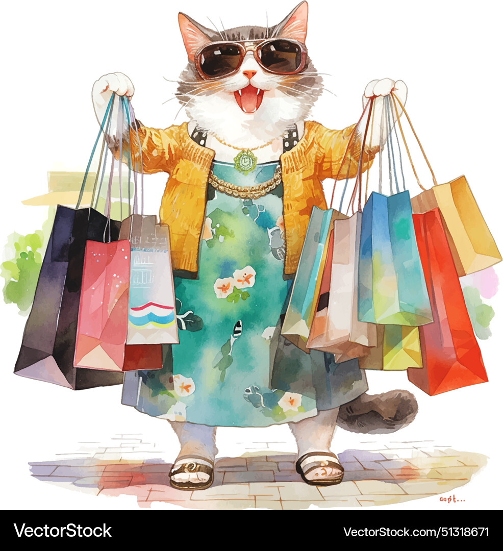 Smiling Cat Shopping with Sunglasses Royalty Free Vector