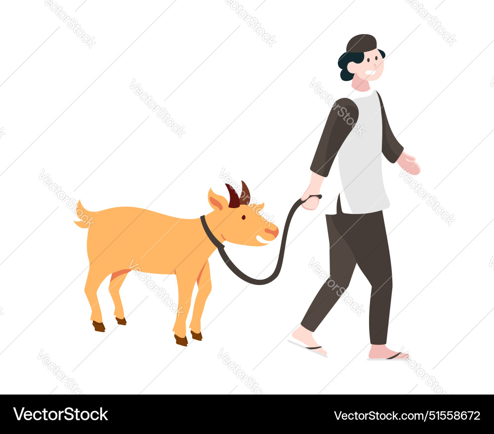 Muslim man pulling goat sheep for sacrifice Vector Image