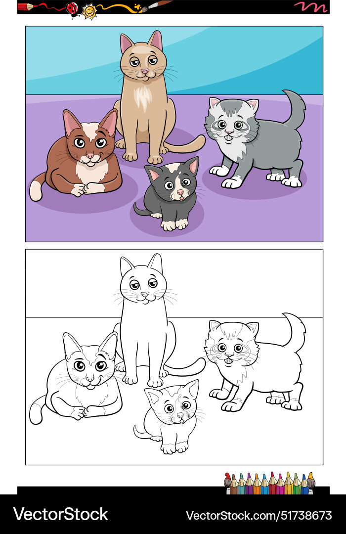 Cartoon cats and kittens group coloring page Vector Image