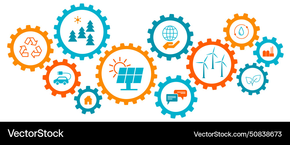 Connected gear cogs with icons renewable Vector Image