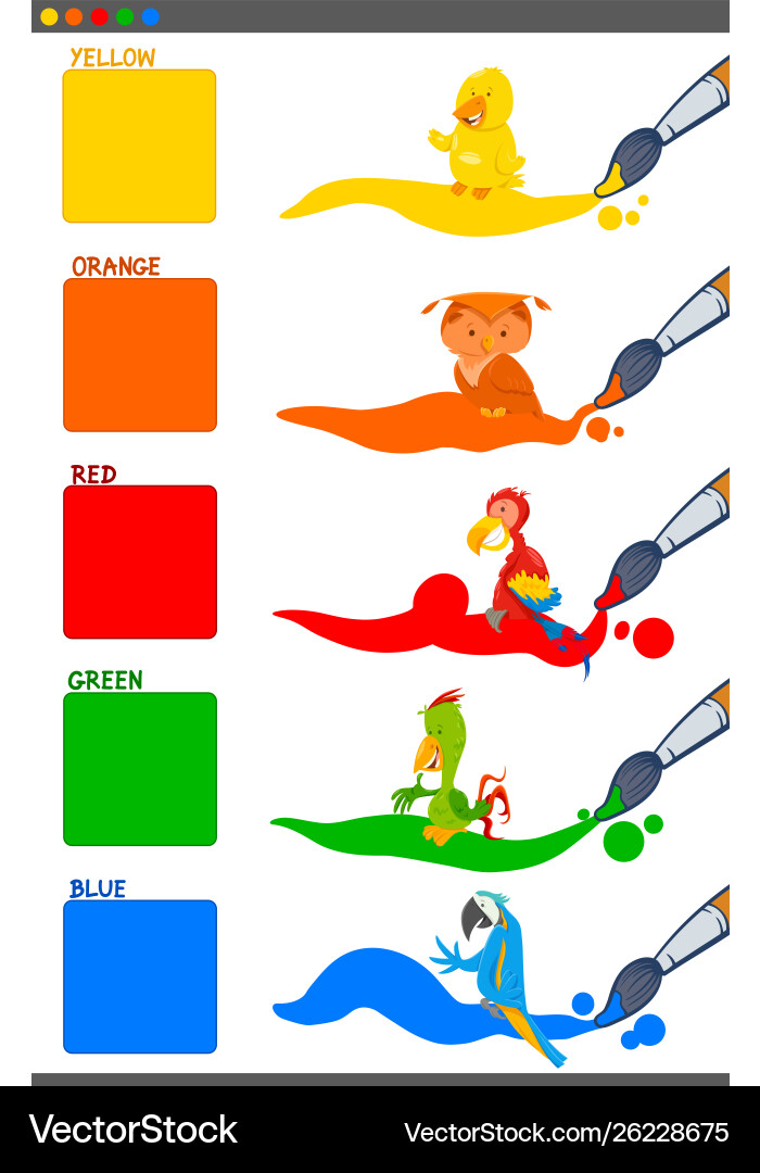 Basic colors set with cartoon birds Royalty Free Vector