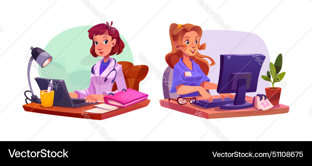 Female doctor and nurse working on computer Vector Image