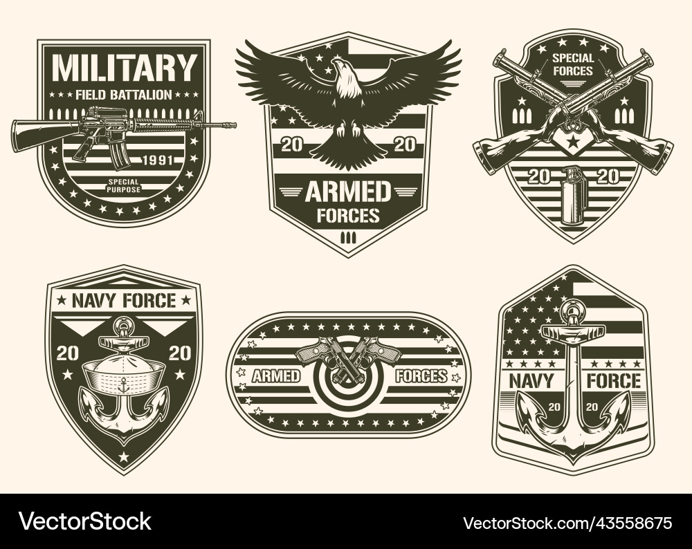 Military set monochrome sticker vintage Royalty Free Vector