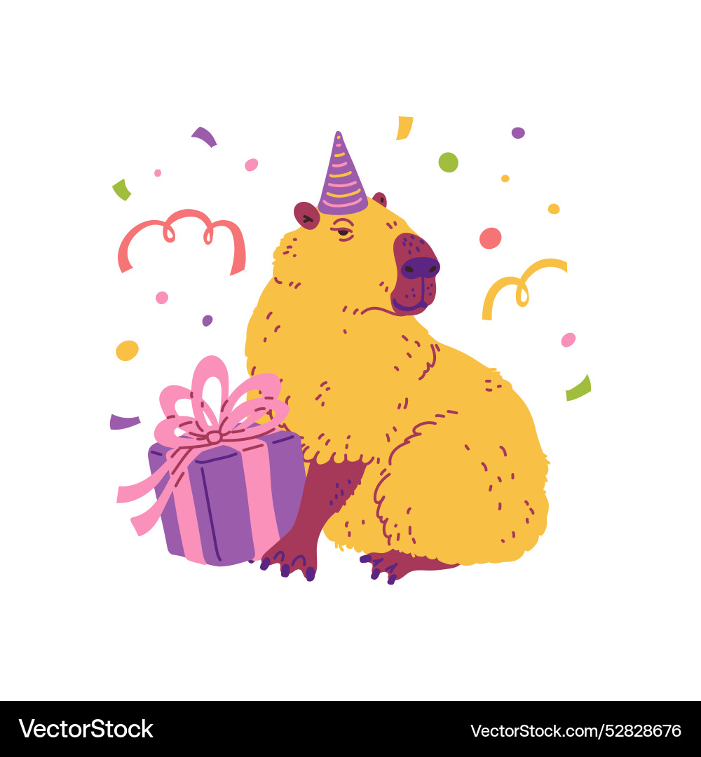 Cartoon cute capybara in party hat with gift box Vector Image