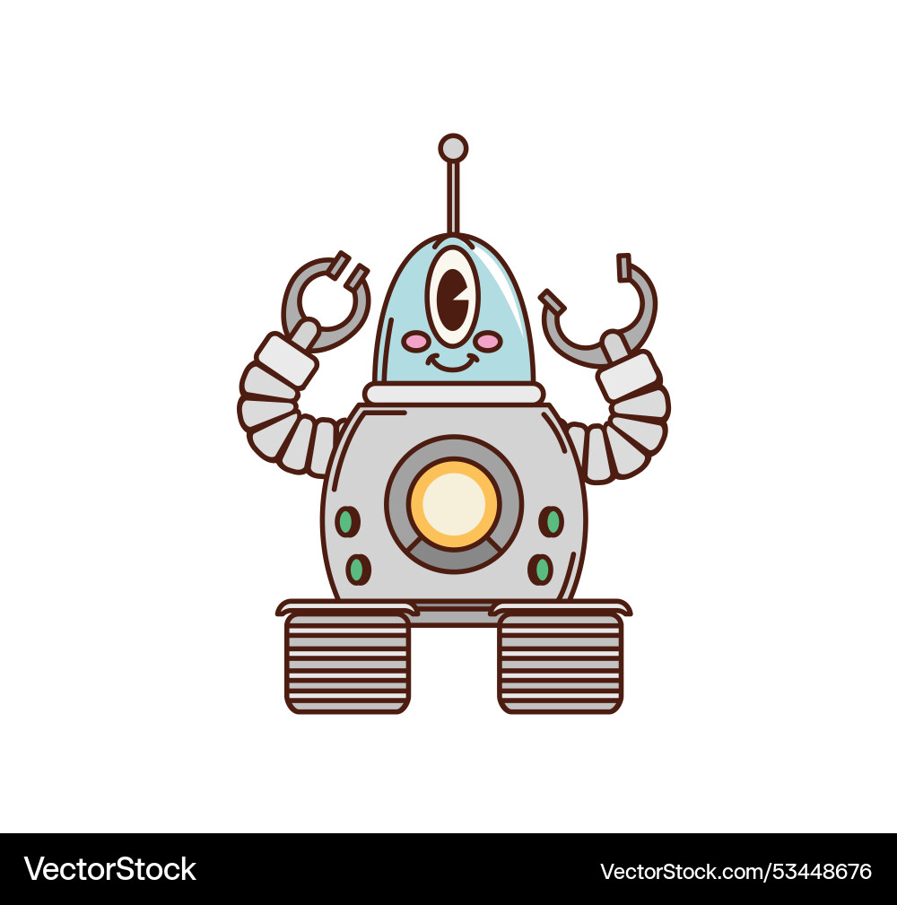 Cartoon robot retro groovy character bot on wheels