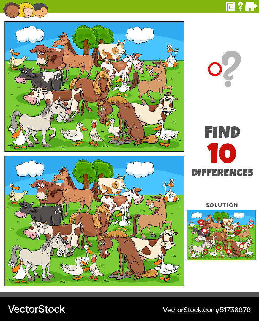 Differences game with cartoon farm animals group Vector Image