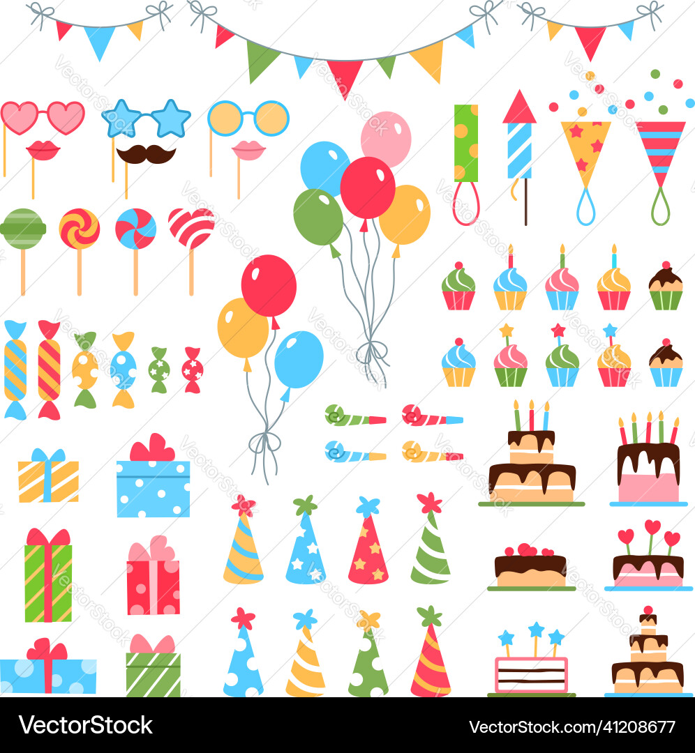 Happy birthday color flat elements set Royalty Free Vector