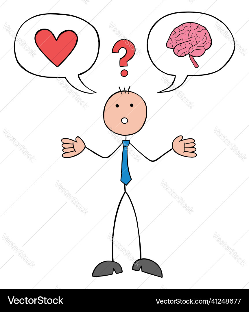 Stickman businessman is torn between his heart Vector Image