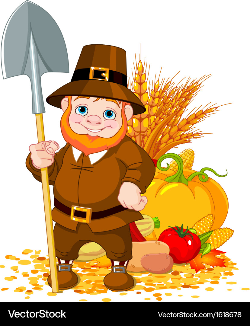Cute pilgrim with spade Royalty Free Vector Image