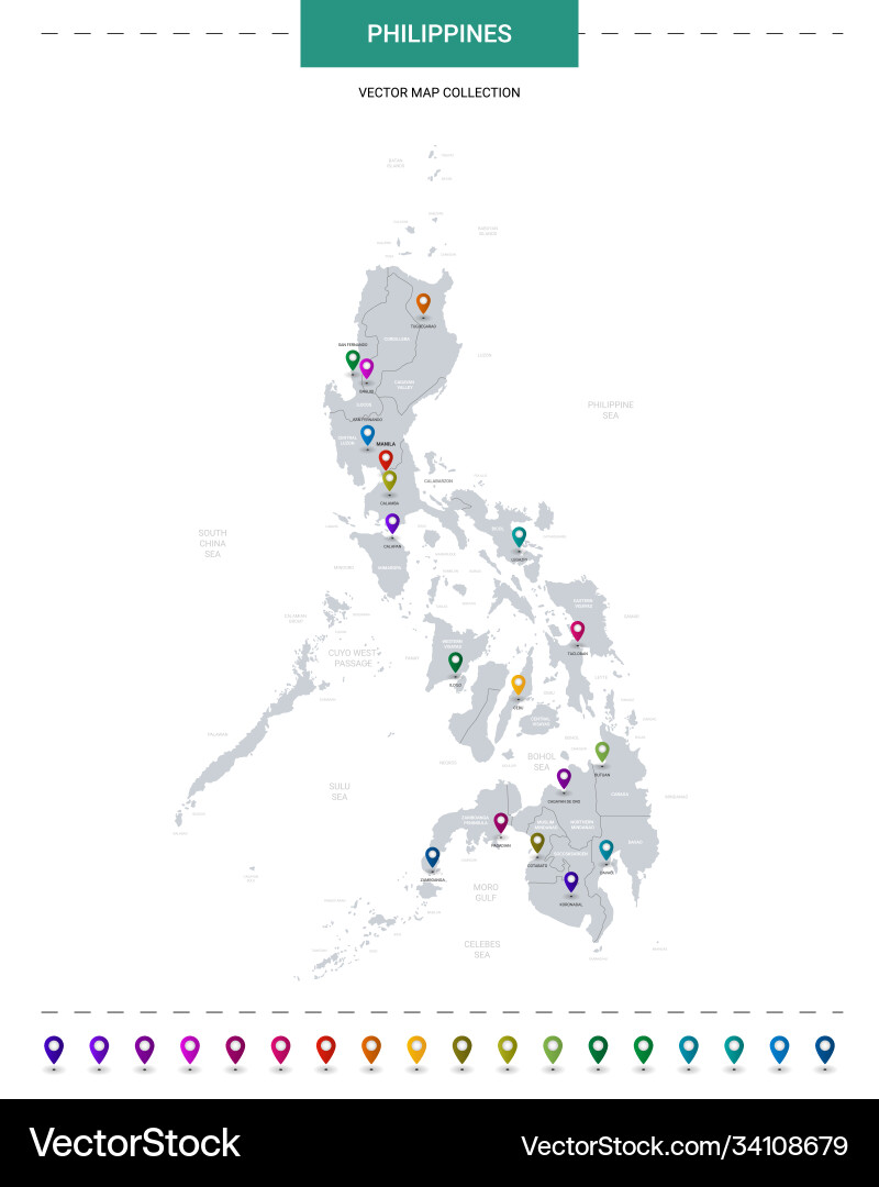 Philippines map with location pointer marks Vector Image