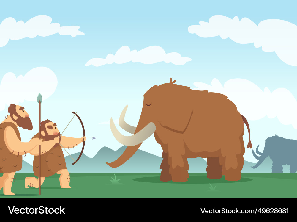 Mammoth ancient hunters cartoon Royalty Free Vector Image
