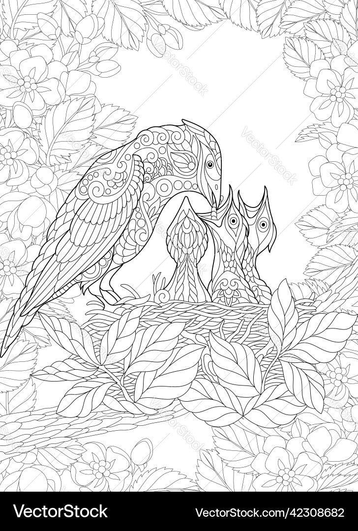 Mutter Vogel und Babys Färbung Seite Lizenzfreier Vektor