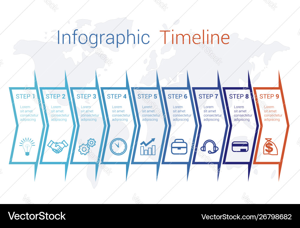 Timeline infographic arrows on map numbered for 9 Vector Image
