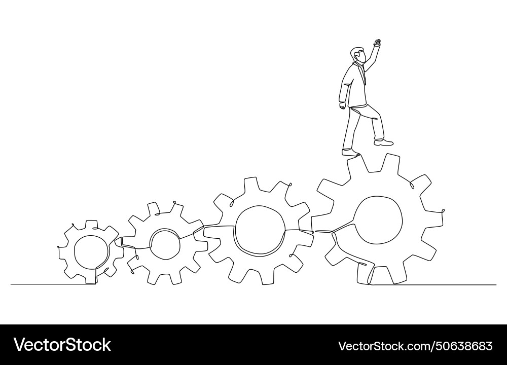 Businessman stepping from small cog to larger Vector Image