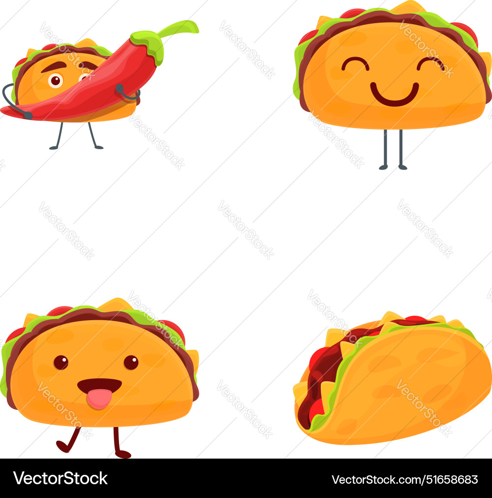 Cartoon taco icons set cute Royalty Free Vector Image