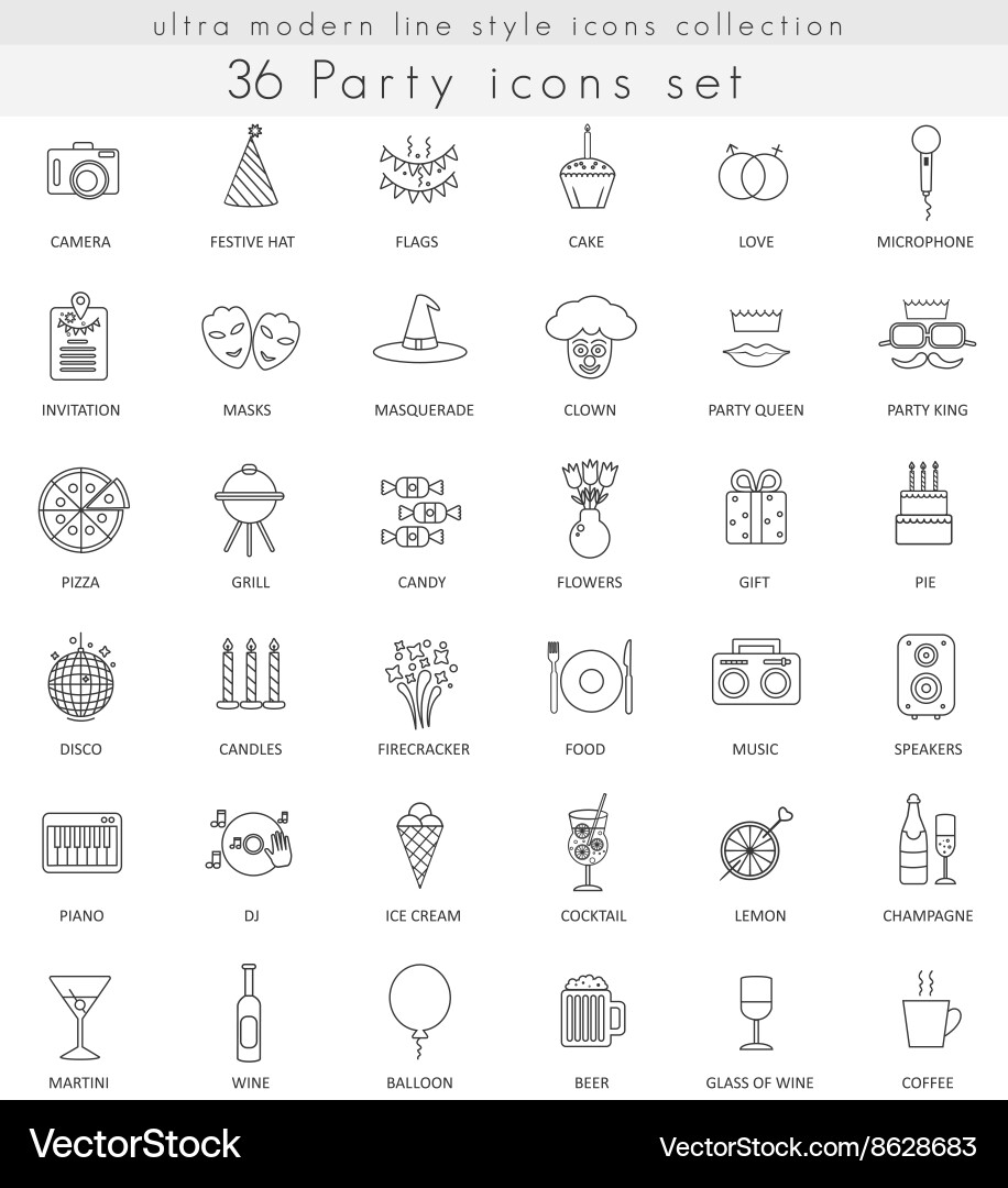 Party ultra modern outline line icons Royalty Free Vector