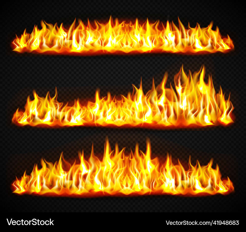 Realistic fire flame set horizontal burning Vector Image