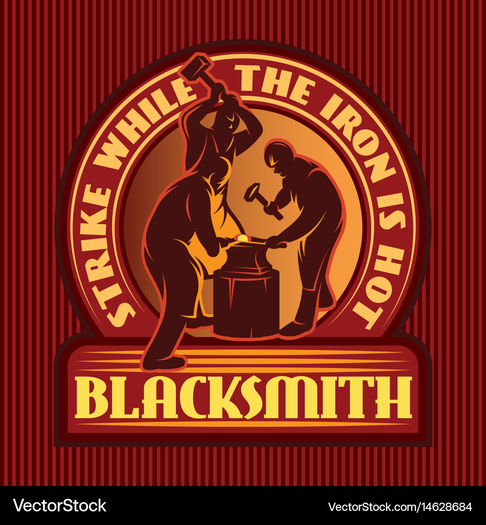 Color emblem in retro style with three blacksmith Vector Image