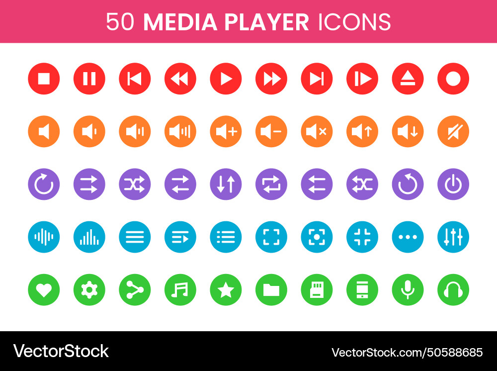 50 media player icons flat design style Royalty Free Vector