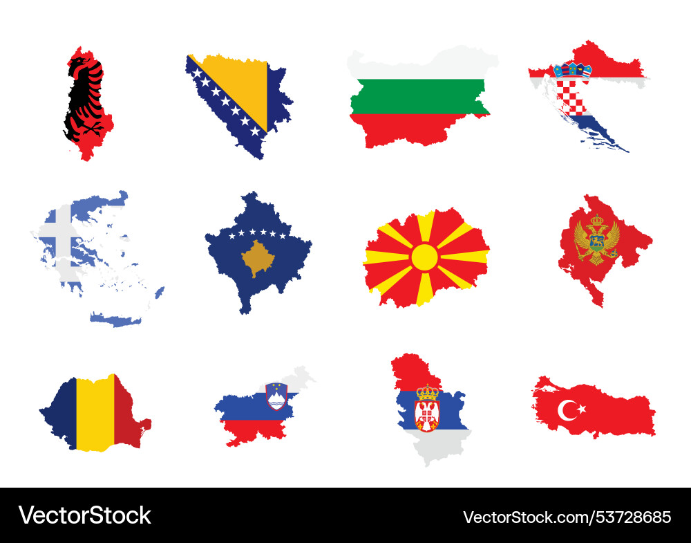 Balkan territory states map flags silhouette Vector Image