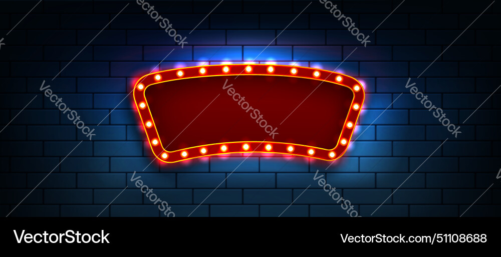 Red frame with light bulbs on dark blue brick wall