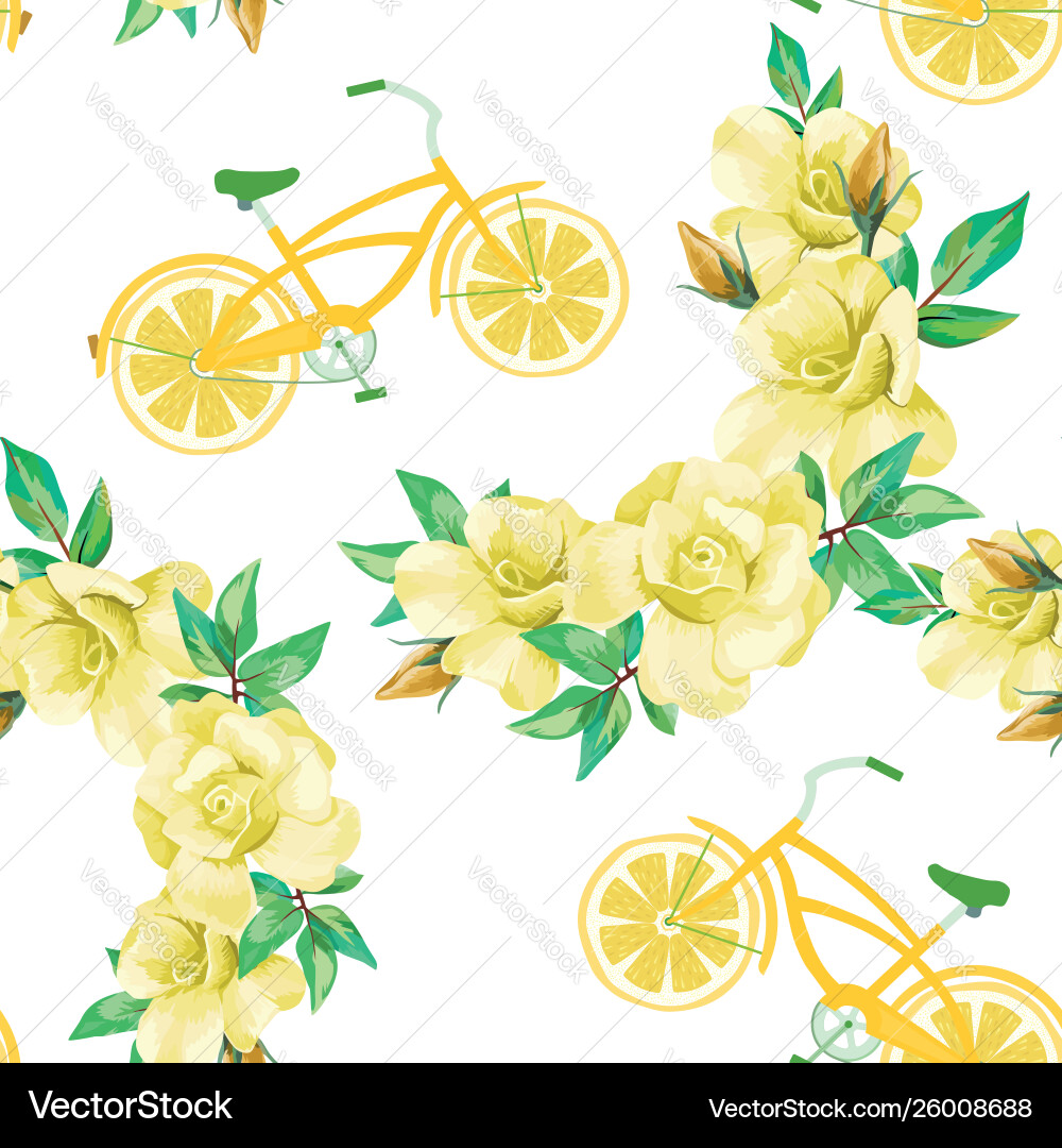Roses bicycle lemon wheels white background Vector Image