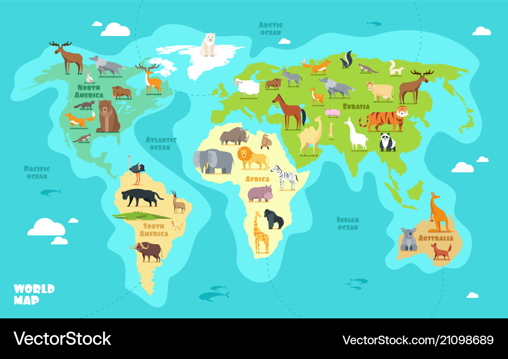 Cartoon world map with animals oceans Royalty Free Vector