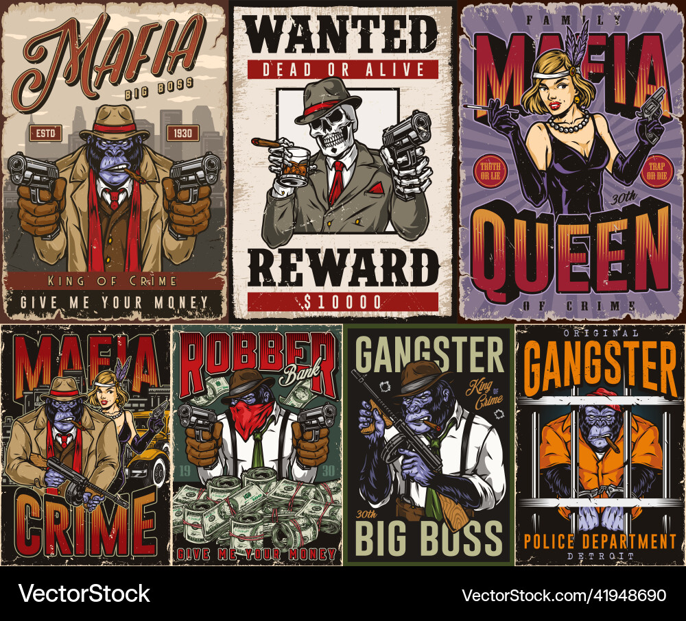 Mafia posters collection with criminal characters Vector Image