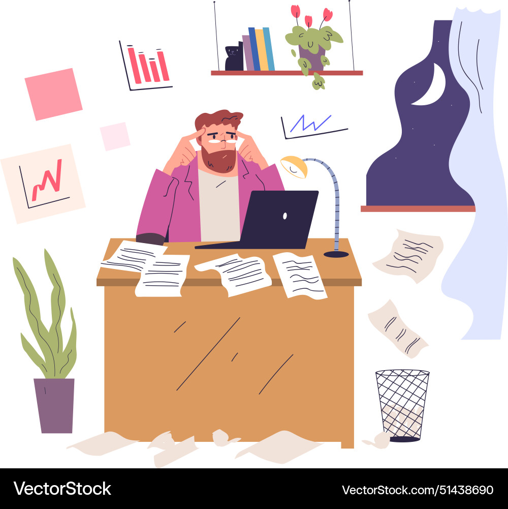 Workaholic multitasking worker busy tired man Vector Image
