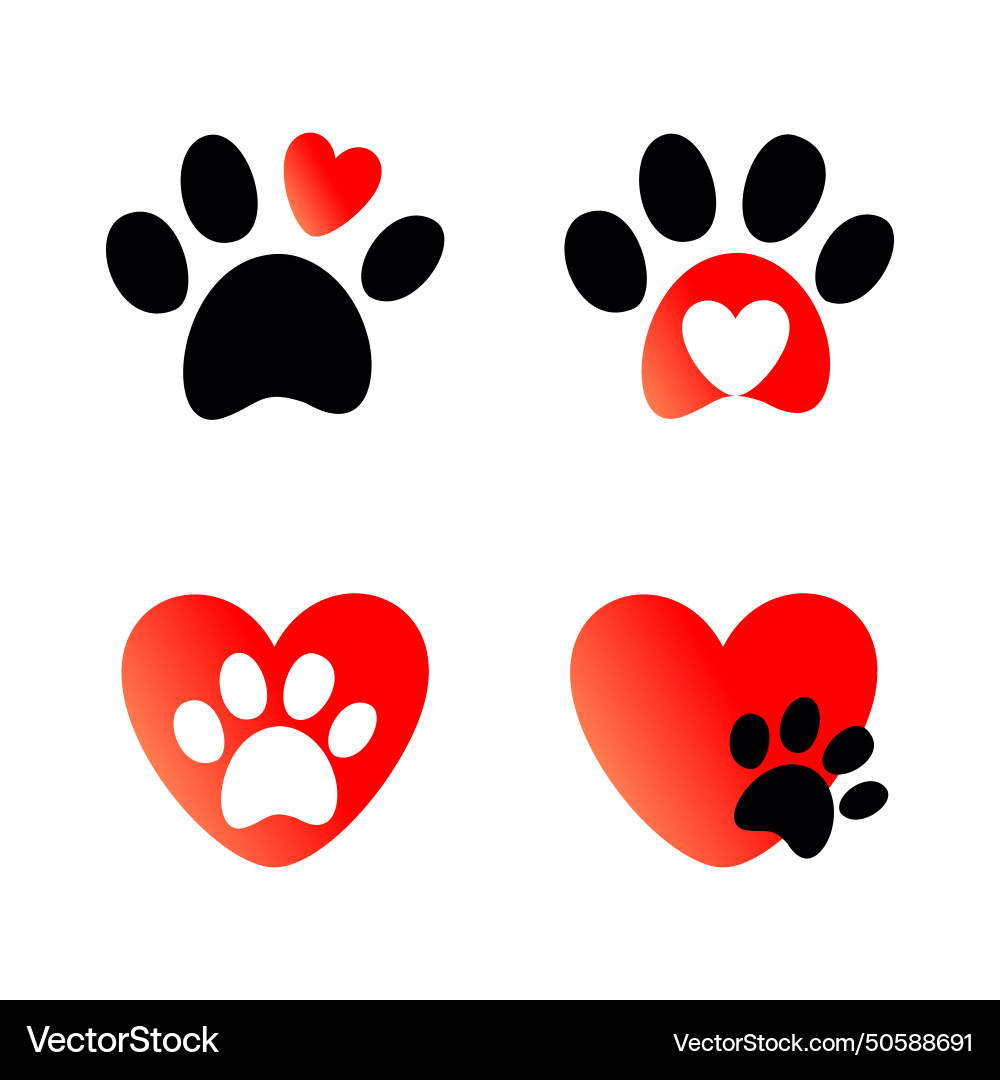 Paw and heart icon set Royalty Free Vector Image