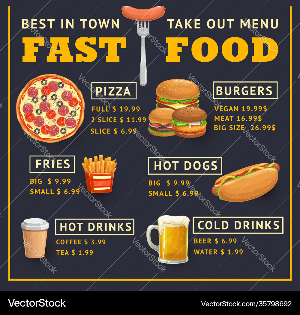 Fast food menu template takeaway dishes Royalty Free Vector