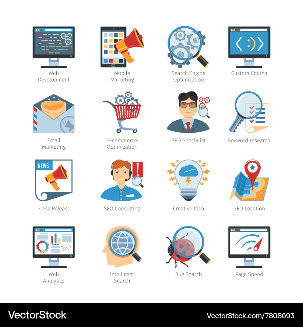 Seo and web development flat icons set Royalty Free Vector