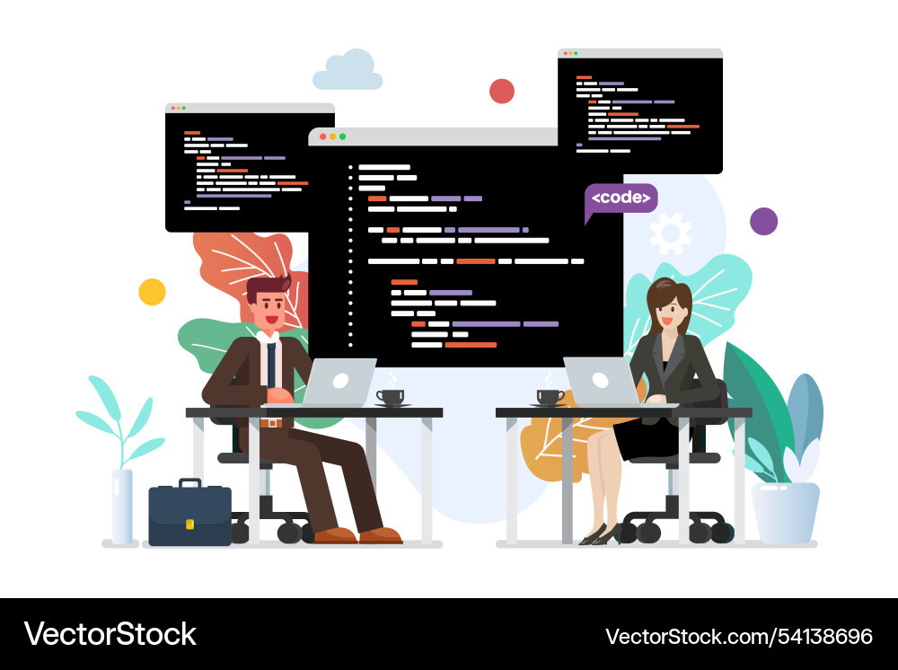Man and woman programmer writing code on laptop Vector Image