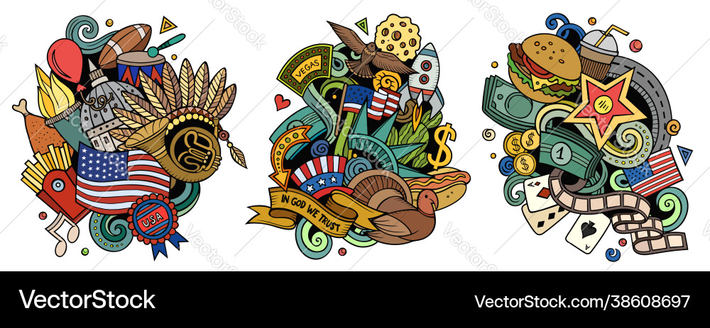 Usa cartoon doodle designs set Royalty Free Vector Image