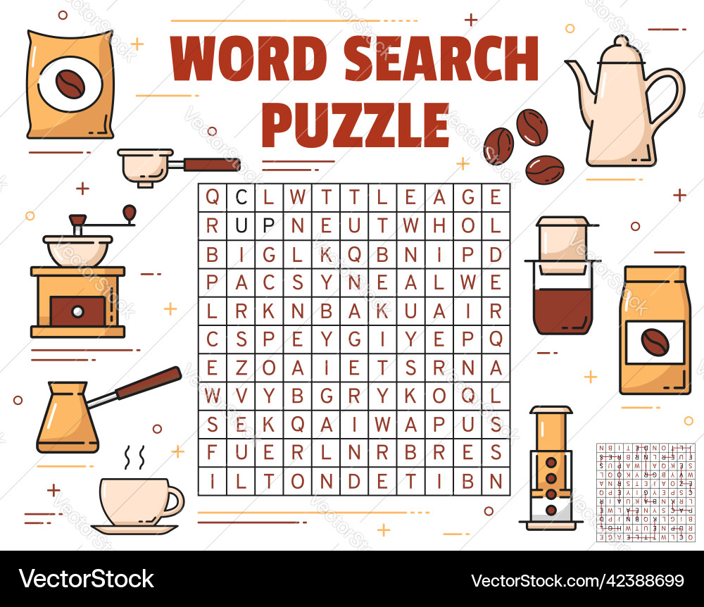 Coffee brewing cup and beans word search puzzle Vector Image