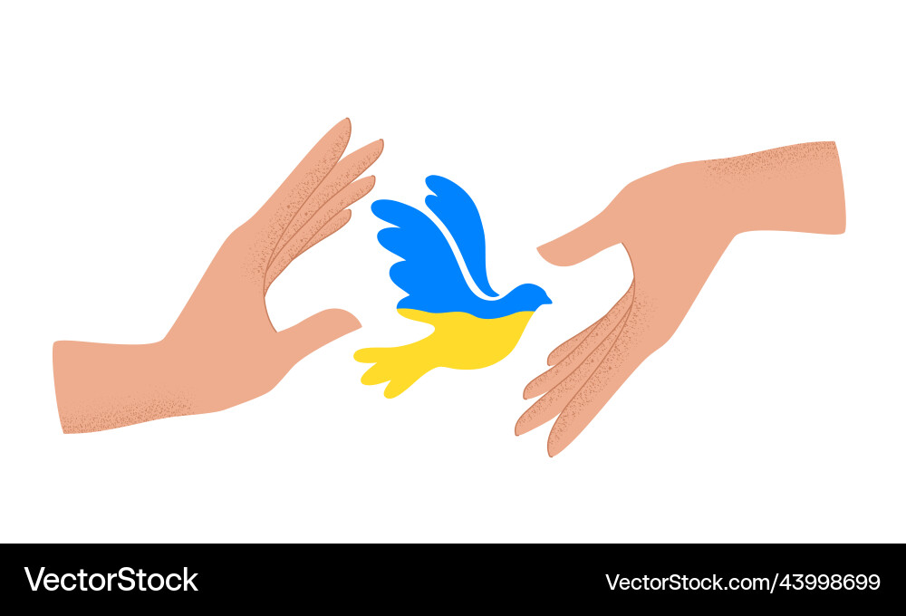 Human hands holding blue and yellow flying bird Vector Image