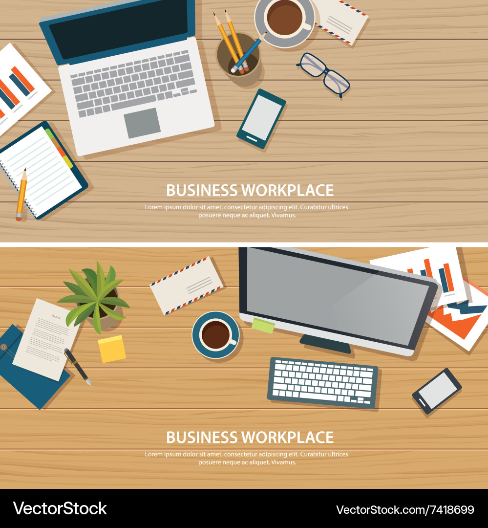 Top view office workplace on wood table Royalty Free Vector