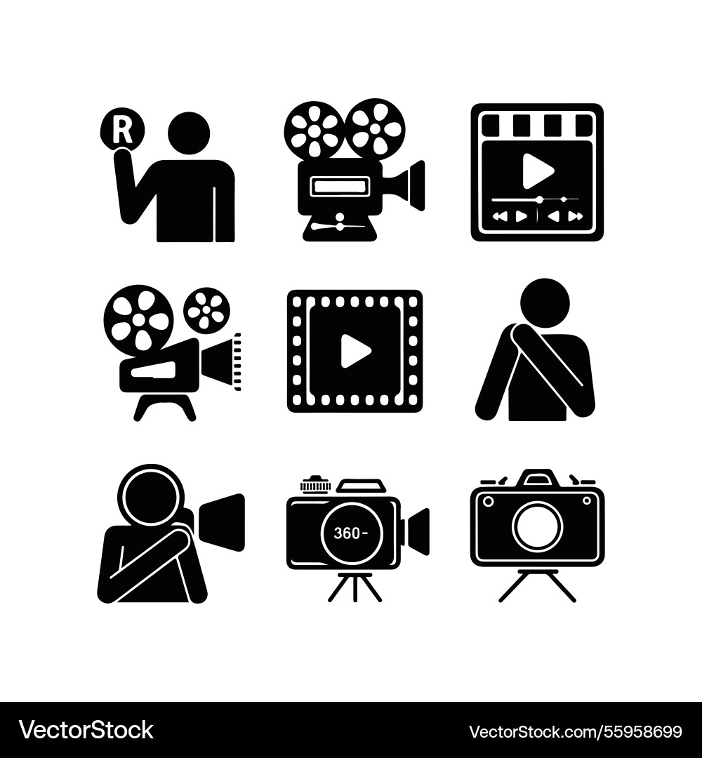 Video icon set containing camera play Royalty Free Vector