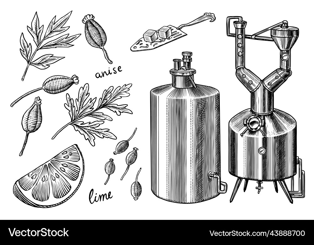Pot swan necked copper stills distillery Vector Image