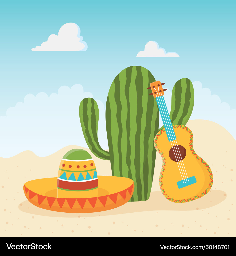 Cinco de mayo guitar cactus and hat mexican Vector Image