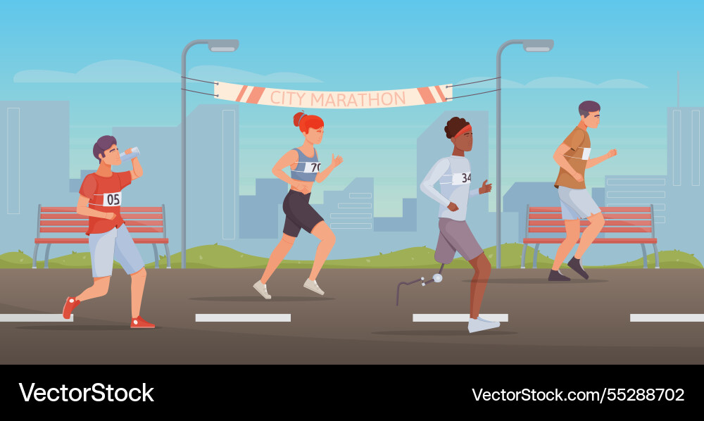 City marathon with runners Royalty Free Vector Image