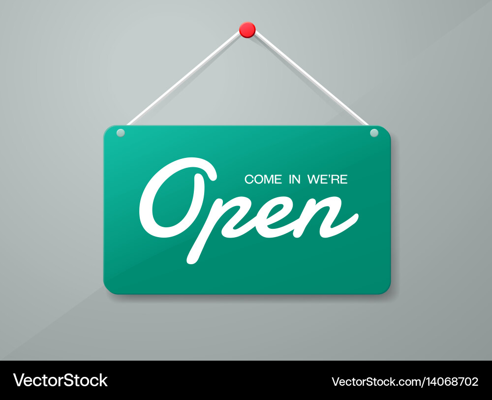 Open door sign label with text in flat style Vector Image