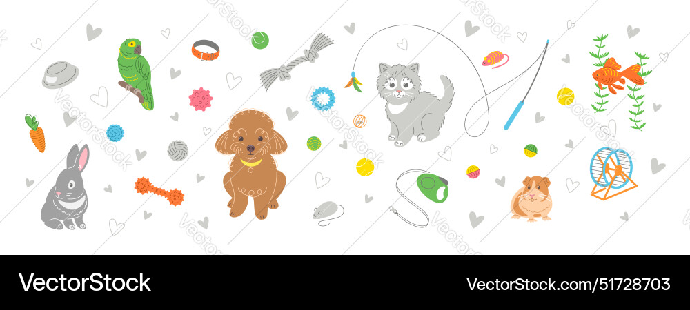 Doodle hand drawn pets with toys horizontal banner